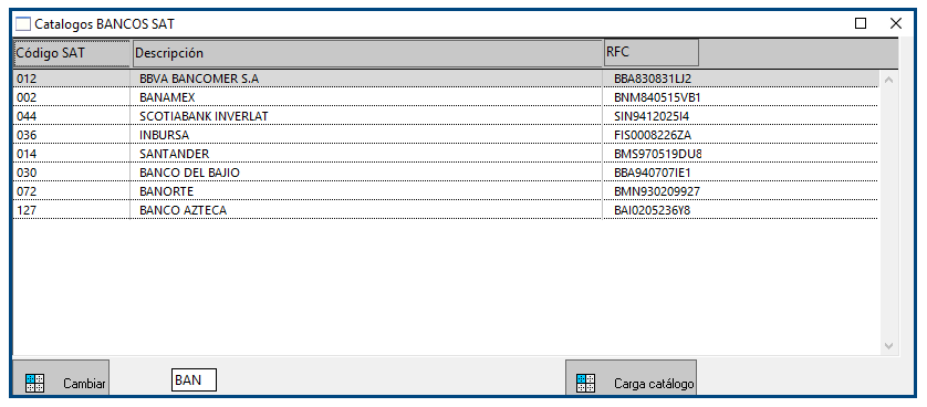 Catálogo de bancos SAT para pre-registro – Proscai