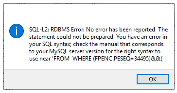 SQL-L2: RDBMS Error: No error has been reported The statement could not ...