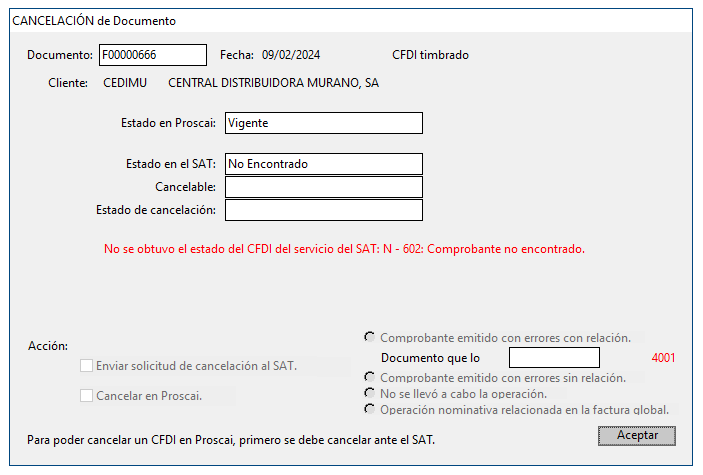 No se obtuvo el estado del CFDI del servicio del SAT:N - 602 ...